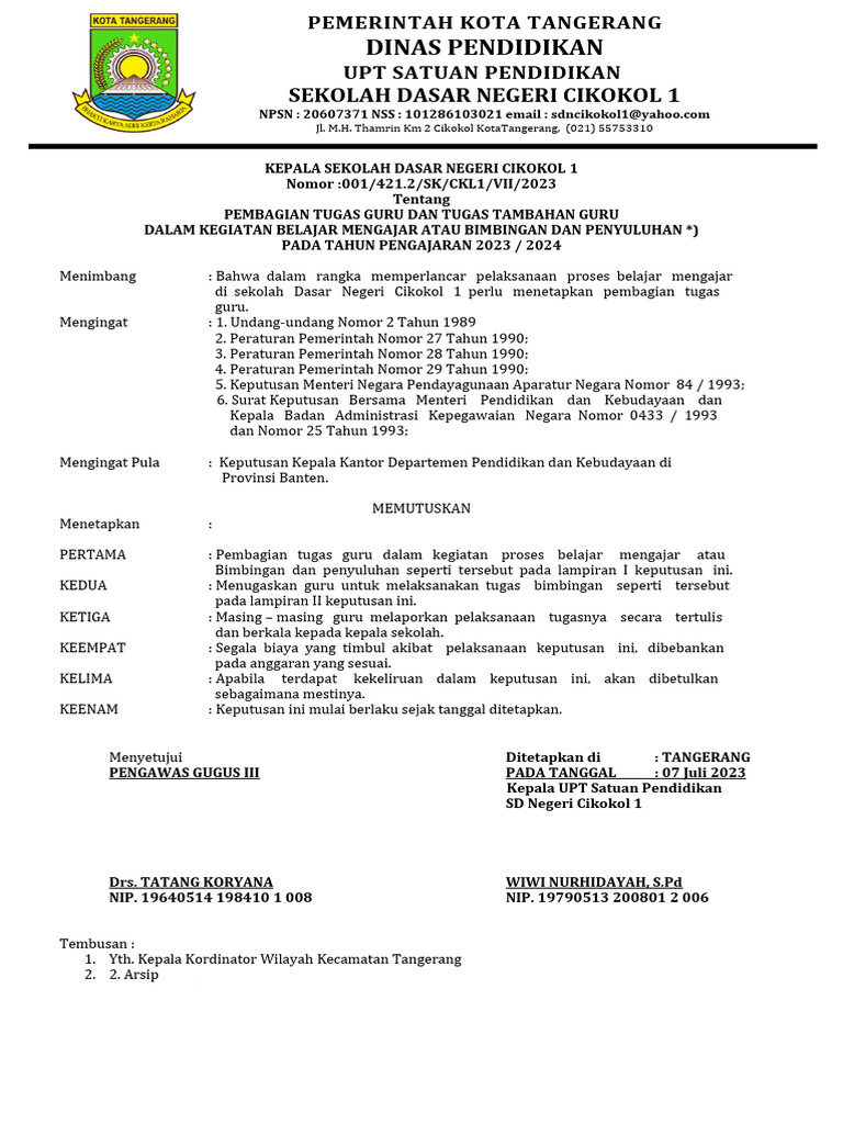 (New) SK. Pembagian Tugas Guru JULI 2023-2024 | PDF