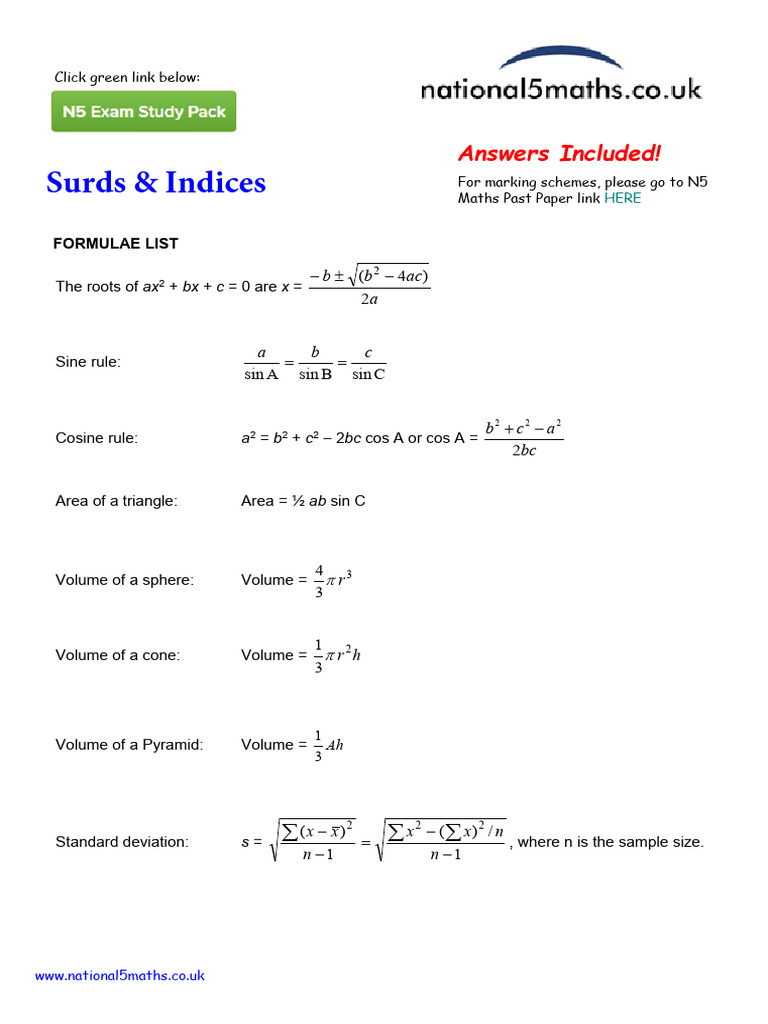 SQA N5 Maths Practice Questions - Surds and Indices | PDF | Geometry ...
