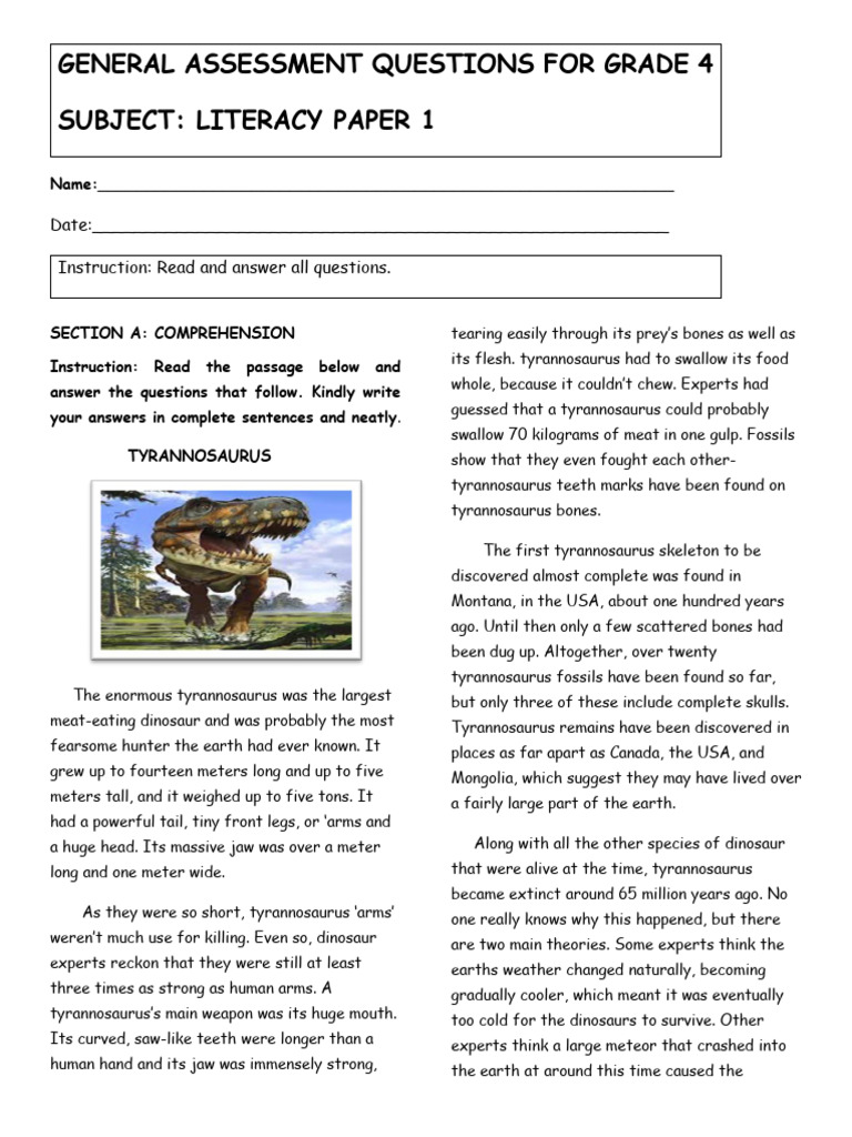 Literacy Grade 4 | PDF | Tyrannosaurus | Dinosaurs