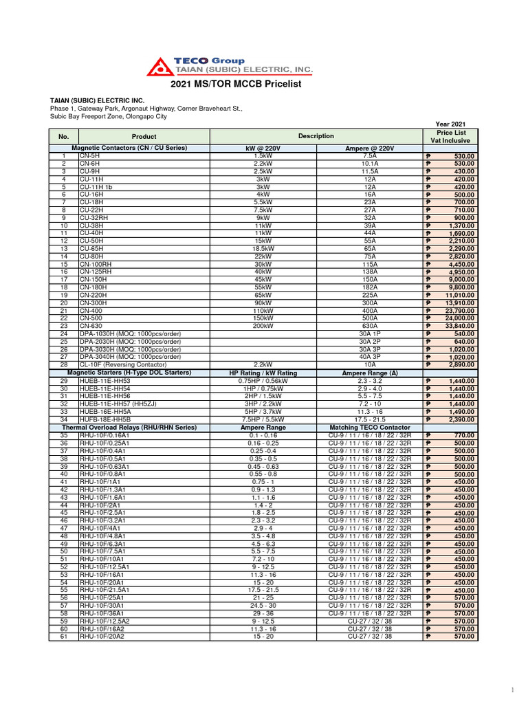 PRICELIST - MS MCCB TOR (New Price List For Year 2021) | PDF | Power ...