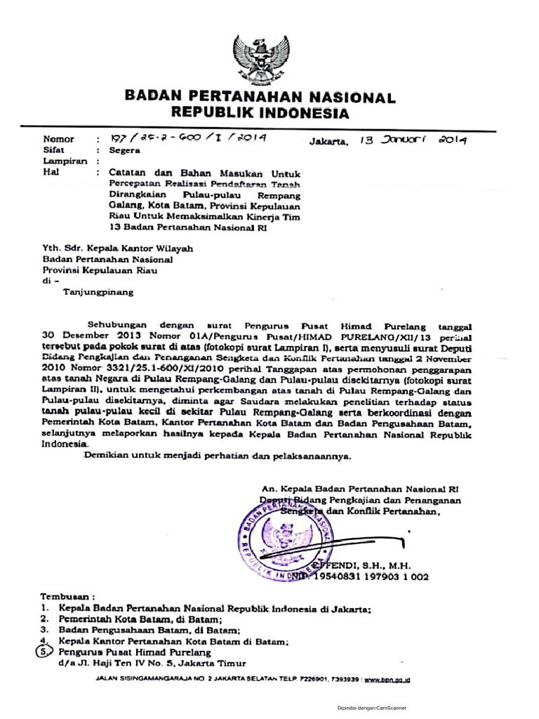 Surat BPN RI Ke Himad Purelang Tahun 2014 | PDF