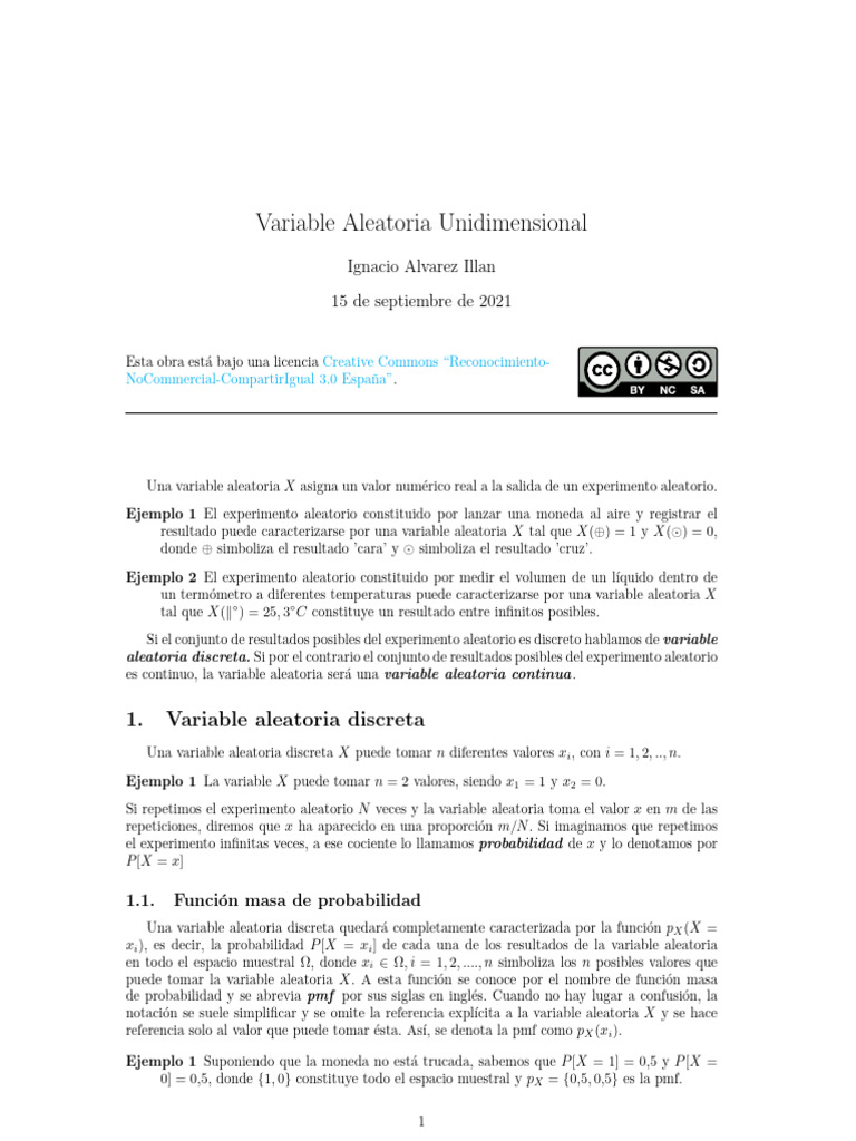 Variable Aleatoria Unidimensional | PDF | Variable aleatoria | Variable (Matemáticas)