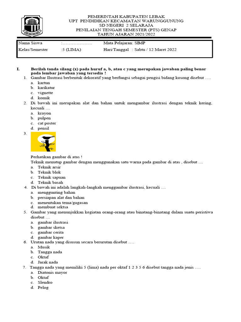 Soal Pts Sbdp Kelas 5 Semester Genap Pdf Kajian Bahasa Asing Seni