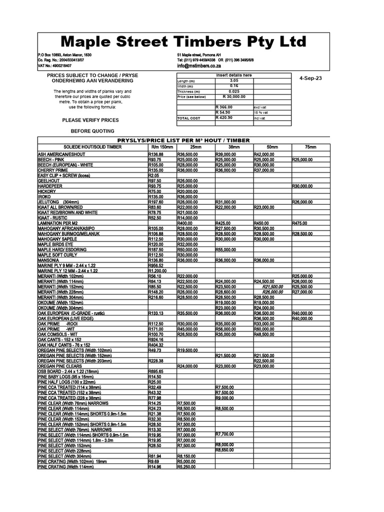 Timber Pricelist | PDF | Forest Products