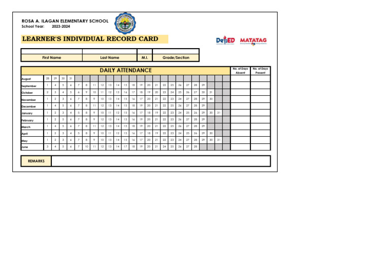 LEARNER'S INDIVIDUAL RECORD CARD (EXCEL) Back | PDF