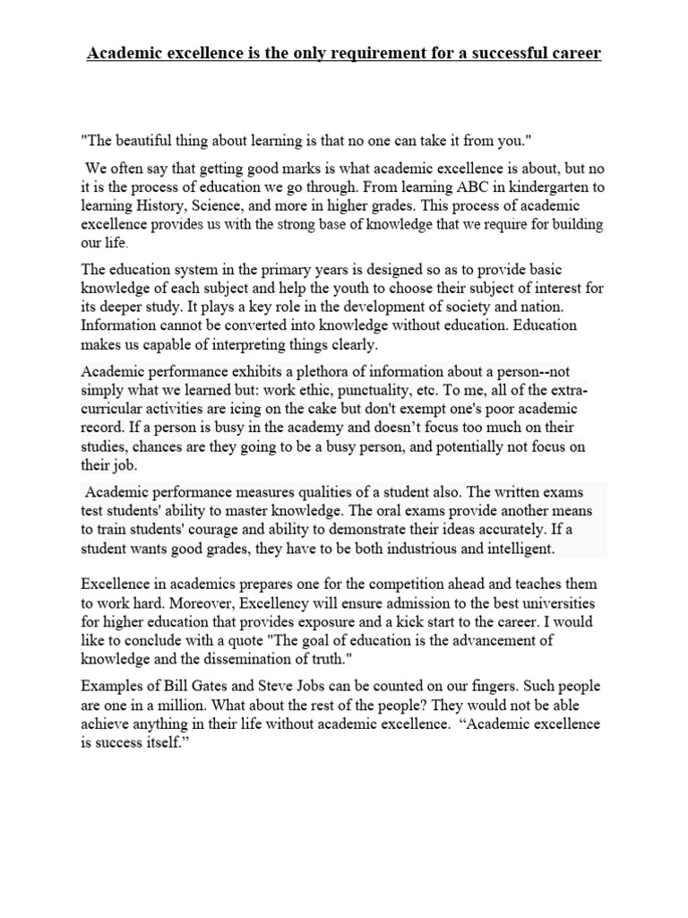 Academic Excellence Is The Indicator of Success | PDF