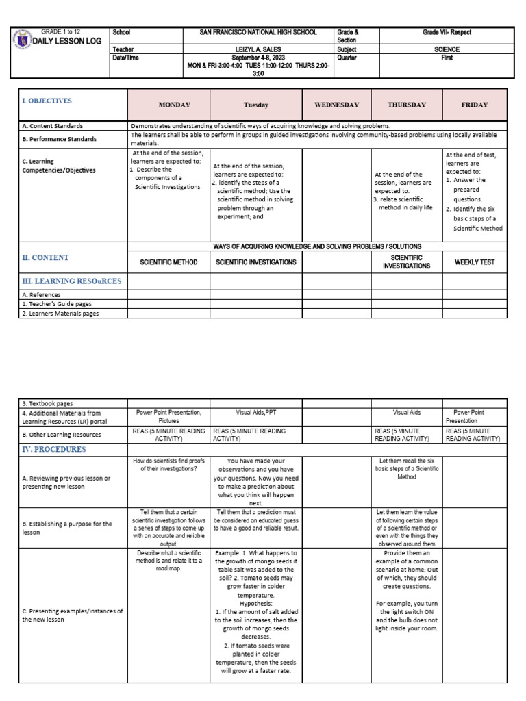 Grade 7 Science DLL Quarter 1 Overview | PDF | Scientific Method | Learning