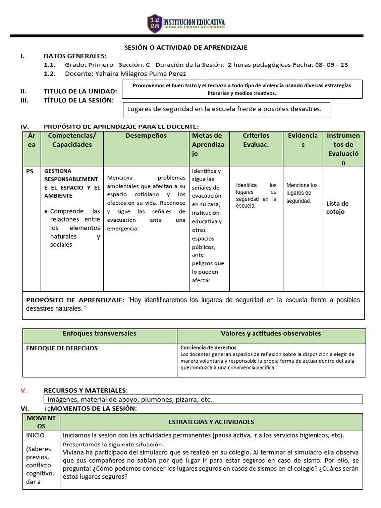 Sesión lugares de seguridad en la escuela | PDF | Aprendizaje | Salón ...