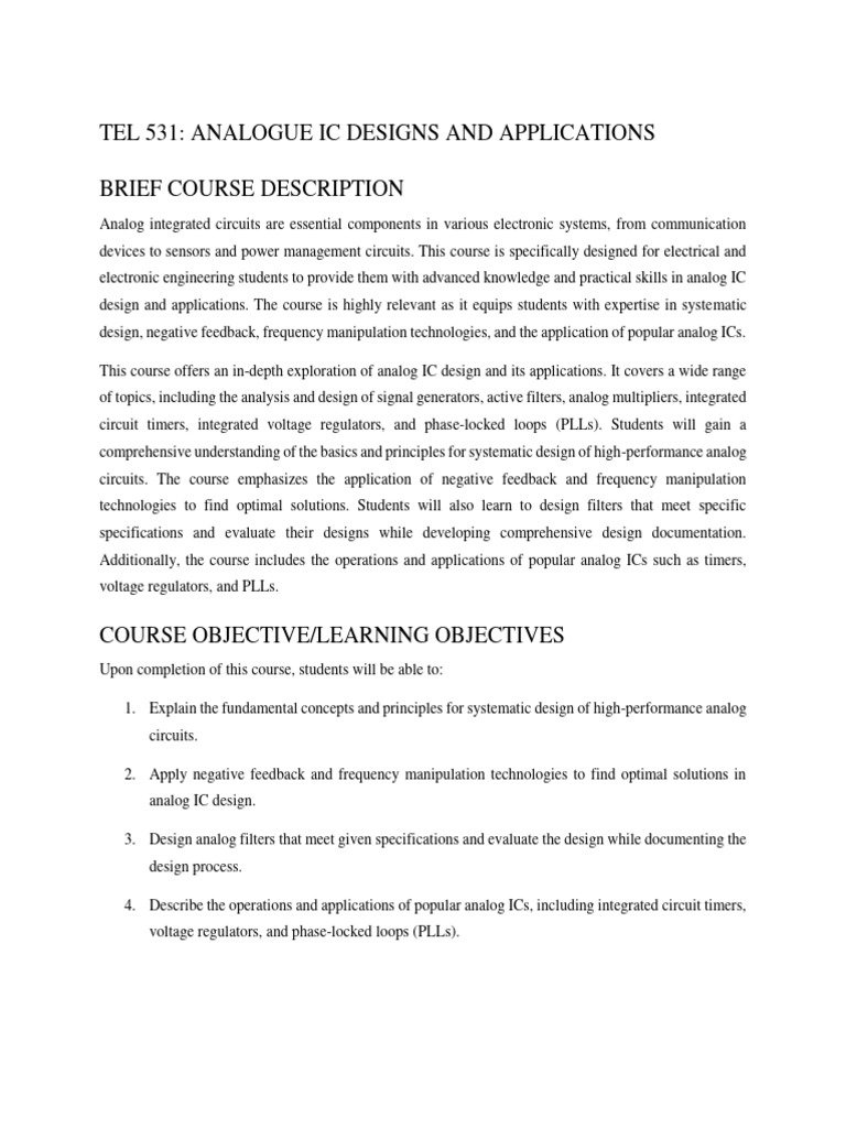 Analogue IC Designs and Application Course Outline | PDF | Electronic ...