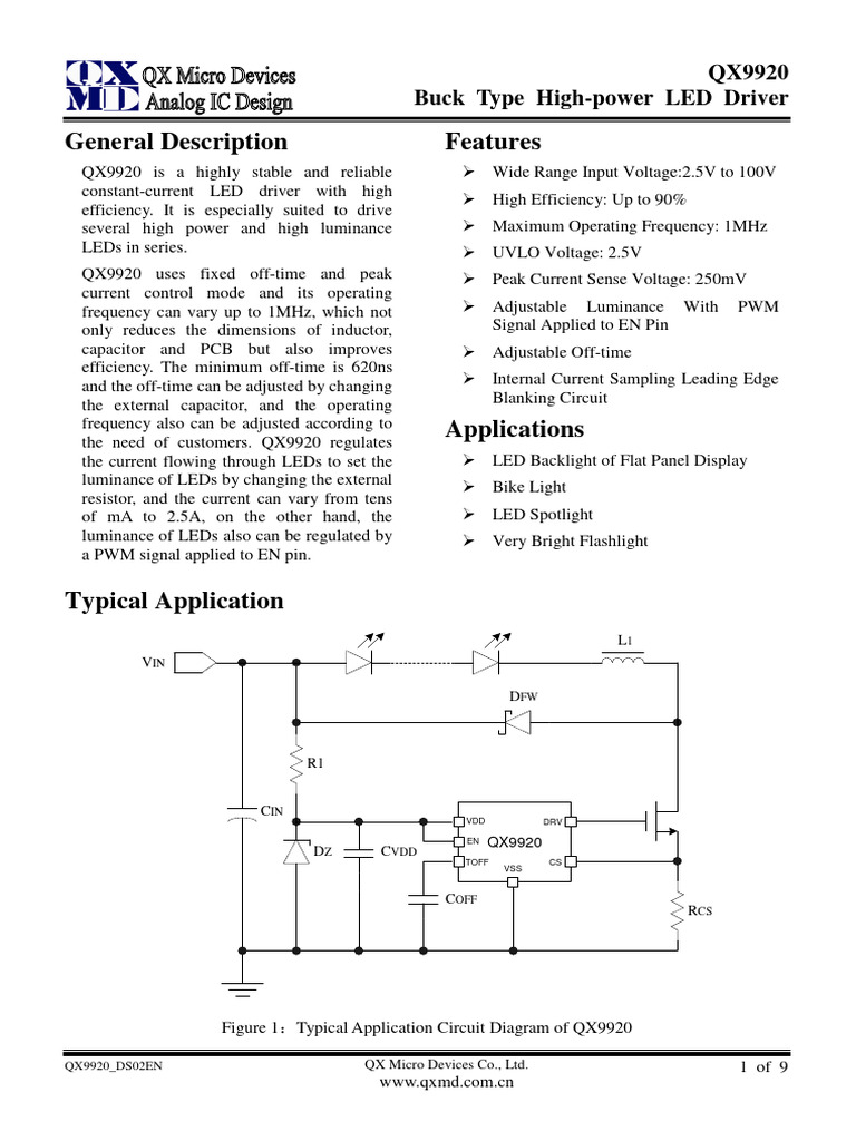 General Description Features: QX9920 Buck Type High-Power LED Driver | PDF | Light Emitting ...