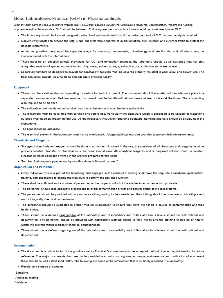 Good Laboratories Practice Glp In Pharmaceuticals Pharmaguideline