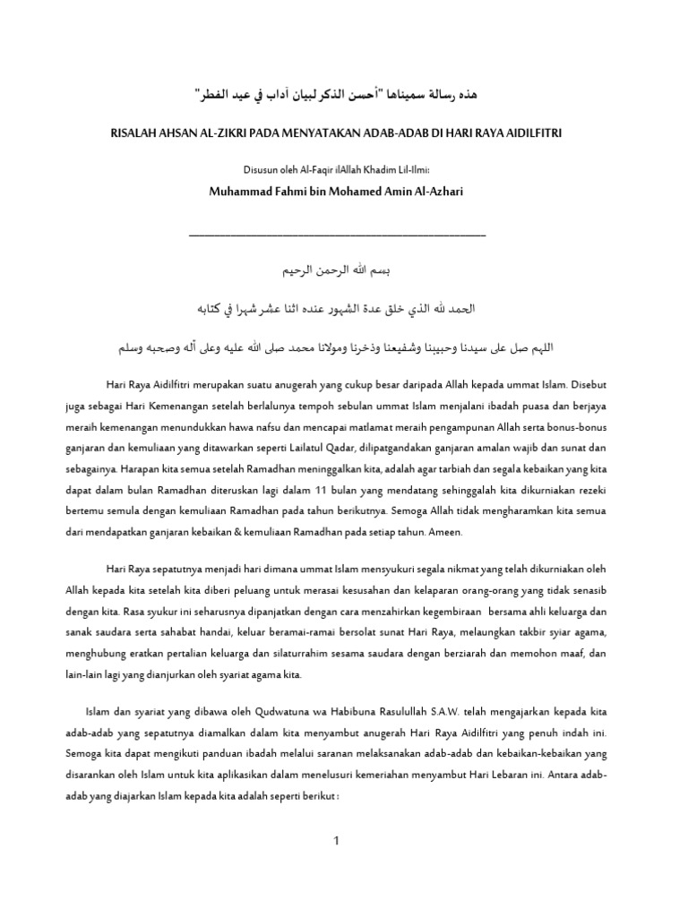 Risalah Ahsan Al-Zikri Pada Menyatakan Adab-Adab Hari Raya Aidilfitri | PDF