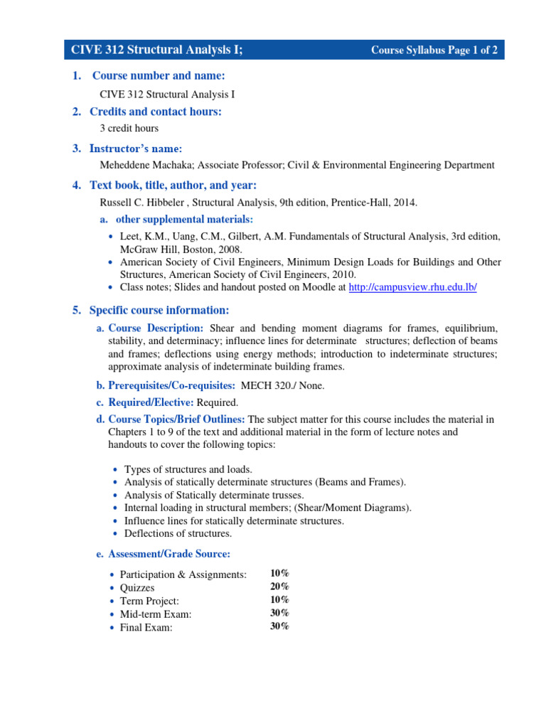 CIVE 312 Structure I - Syllabi_ABET 2024 | PDF | Structural Analysis ...