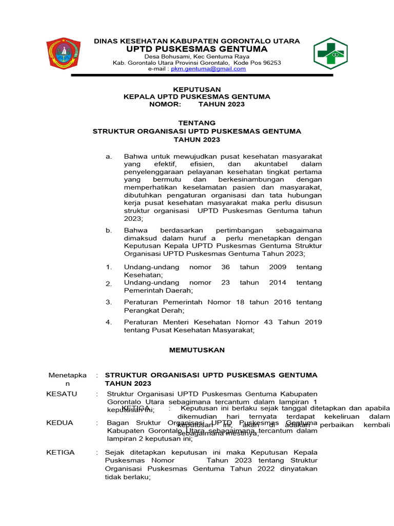 SK Struktur Organisasi Uptd Puskesmas Kwandang | PDF | Kesehatan Holistik SK Struktur Organisasi Uptd Puskesmas Kwandang | PDF | Kesehatan Holistik