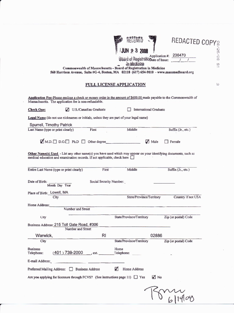Timothy Spurrell Board of Medicine Applications For Massachusetts | PDF ...
