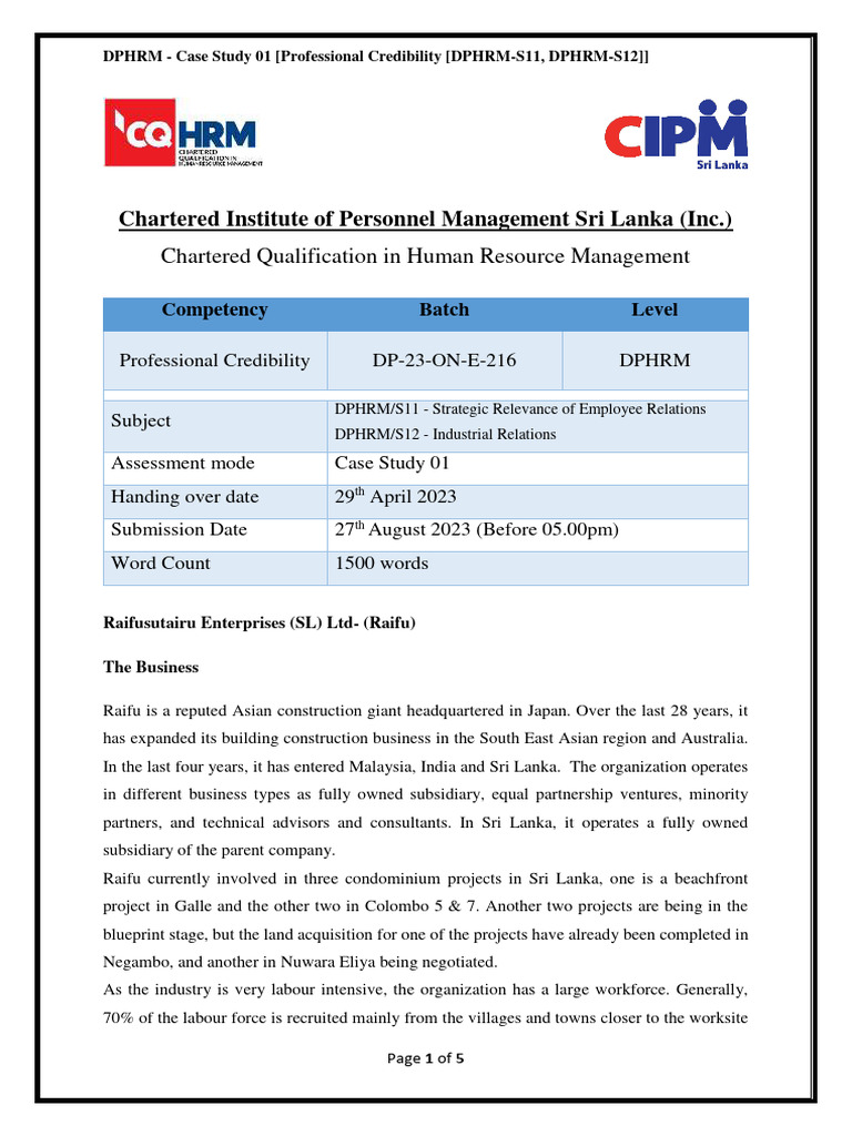 DPHRM - Case Study 01 (Professional Credibility (DPHRM-S11, DPHRM-S12) ) - DP-23-On-E-216 | PDF ...