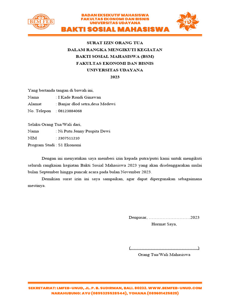 Surat Izin Orang Tua Bsm-1 | PDF