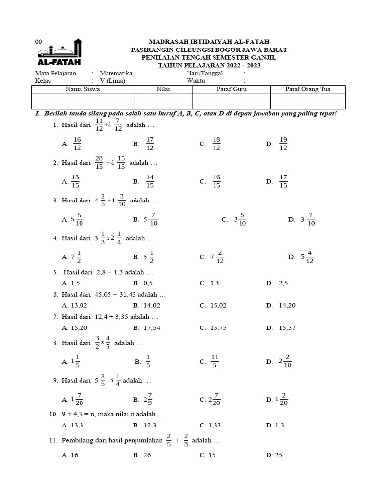 Soal MTK KLS 5, PTS-1, 2023-2024 | PDF