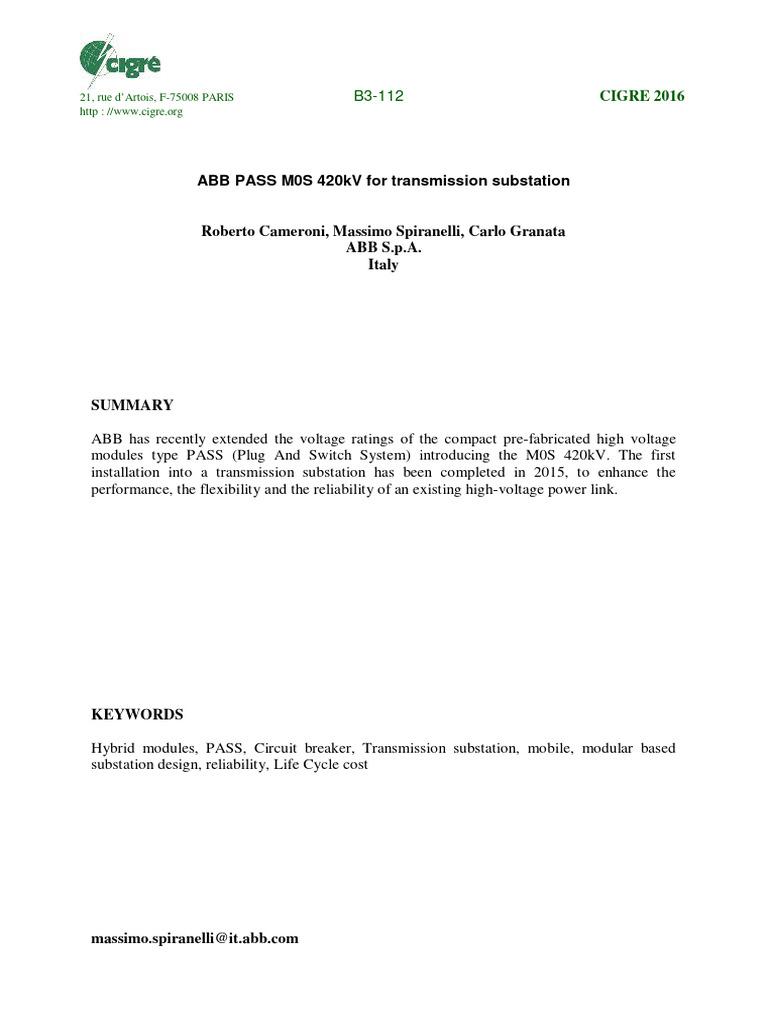ABB PASS M0S 420kV For Transmission Substation: CIGRE 2016 | PDF ...