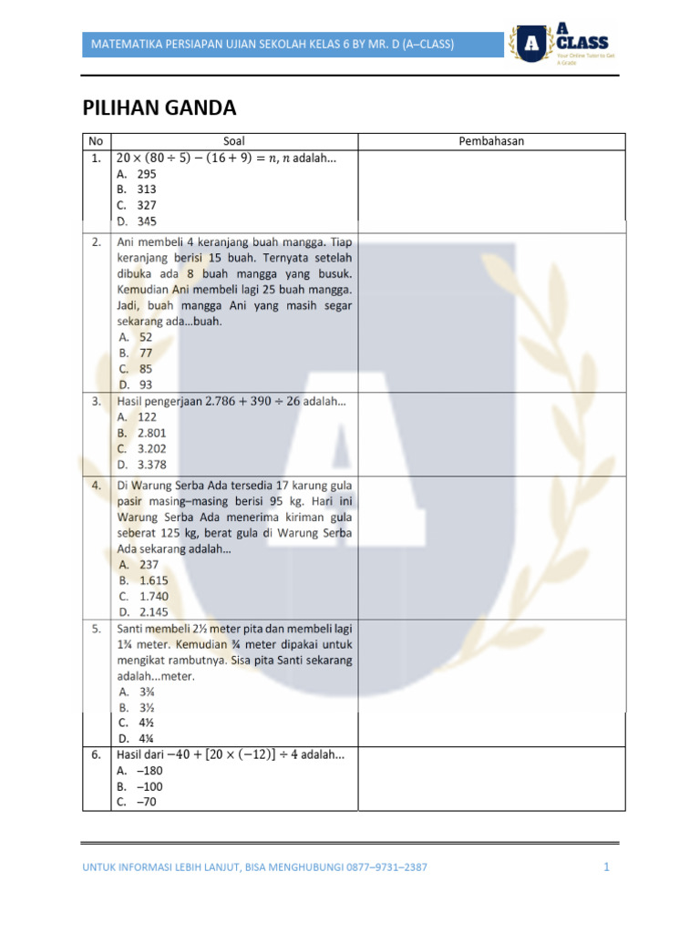 Soal Math Ujian Sekolah Kelas 6 | PDF