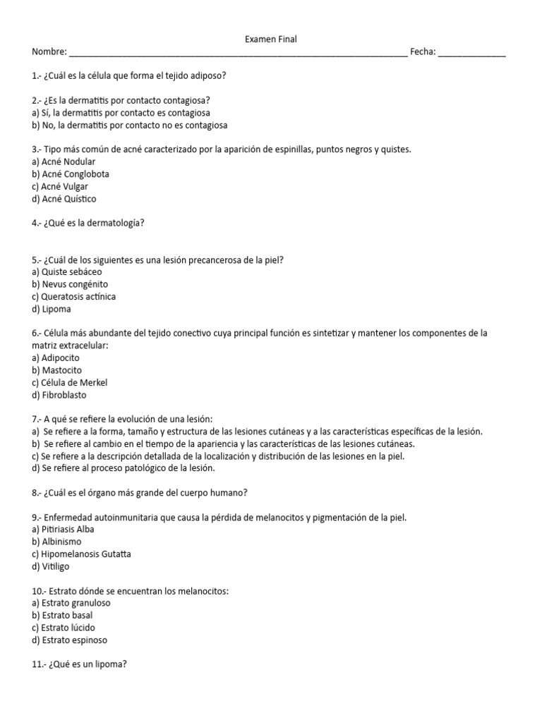 Examen Final Derma | Descargar gratis PDF | Piel | Epidermis