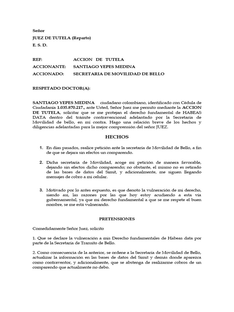 Accion Tutela Bello Por Multas | PDF | Gobierno | Justicia