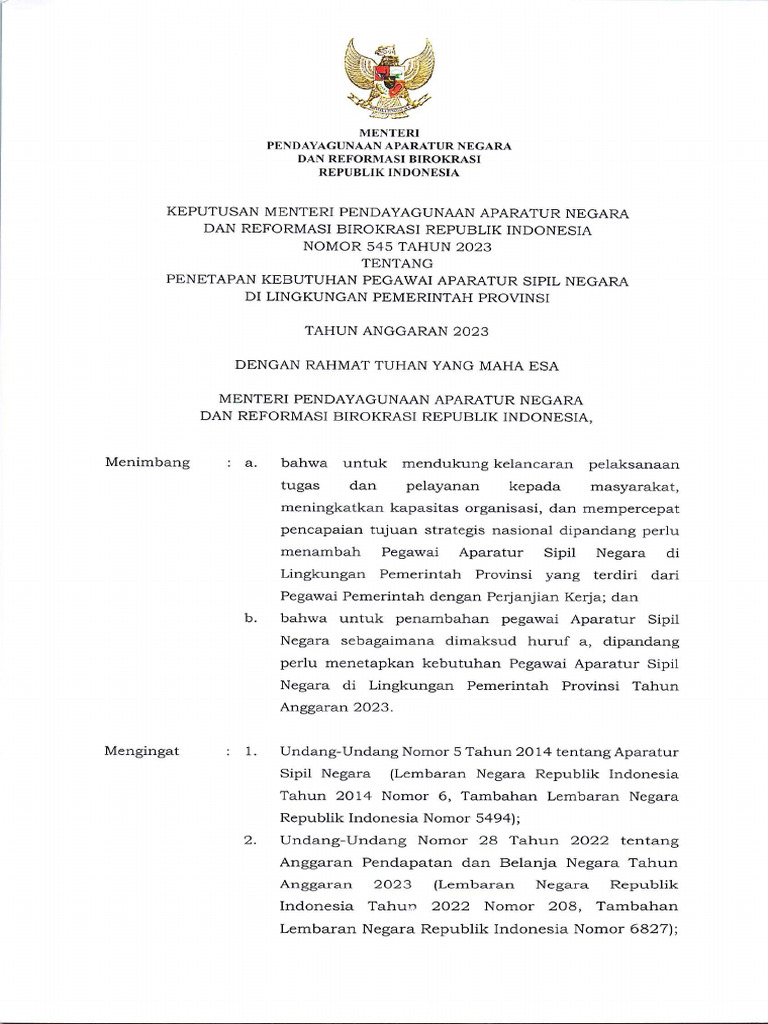 Kepmenpan 545 Tahun 2023 Formasi Prov Sultra | PDF