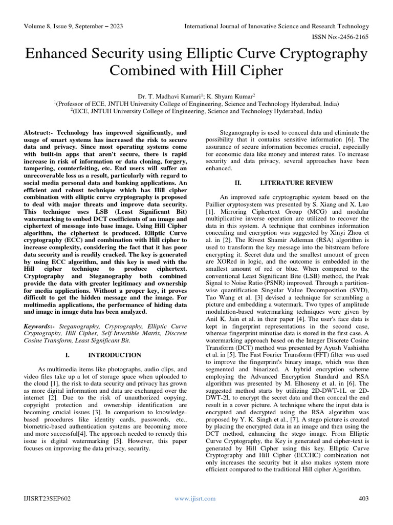 Enhanced Security Using Elliptic Curve Cryptography Combined With Hill ... Enhanced Security Using Elliptic Curve Cryptography Combined With Hill ...