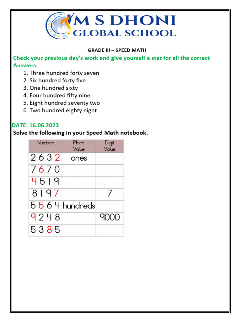 Grade III Speed Math Worksheet | PDF
