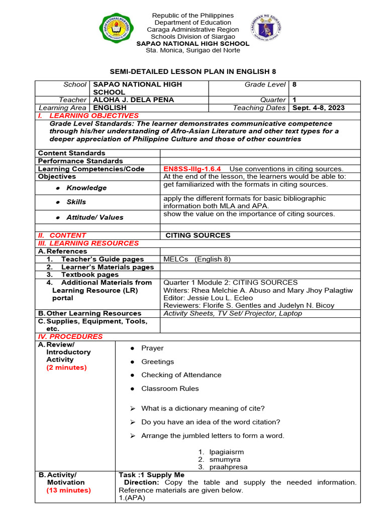 DLP-ENGLISH-8-Q1-M2 Sept. 4-8 | PDF | Citation | Apa Style
