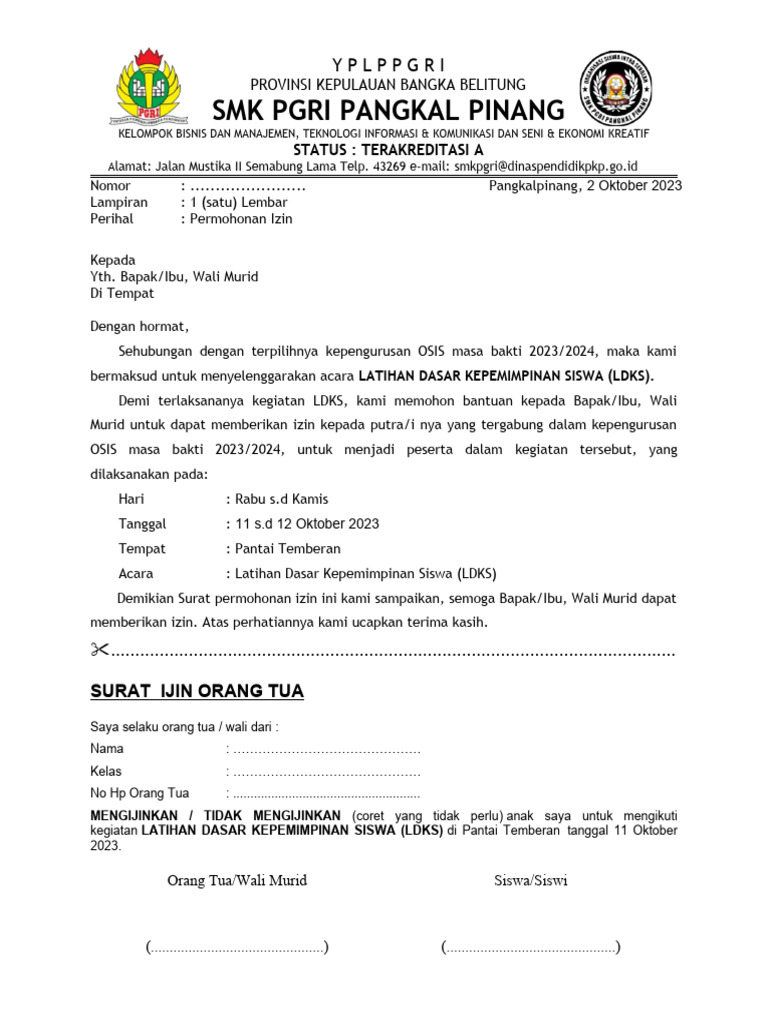 Surat Izin Mengikuti LDKS | PDF Surat Izin Mengikuti LDKS | PDF