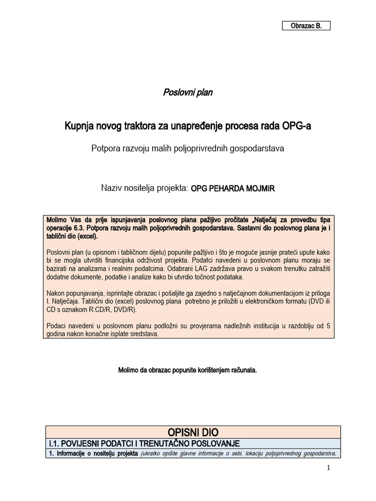 Obrazac B. Poslovni Plan - Opisni Dio - LAGSZ | PDF