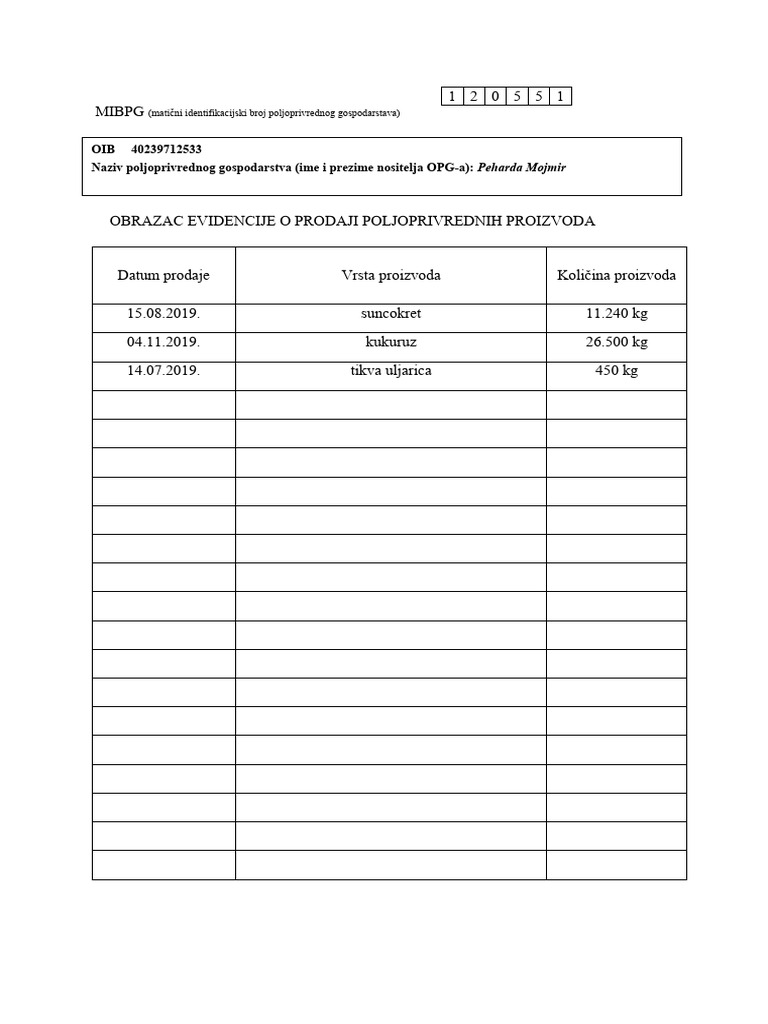 Obrazac Evidencija Prodaja Poljoprivrednih Proizvoda | PDF
