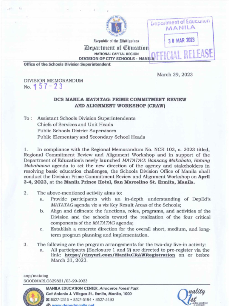 DM 157 DCS Manila Matatag Prime Commitment Review and Alignment Workshop Craw | PDF