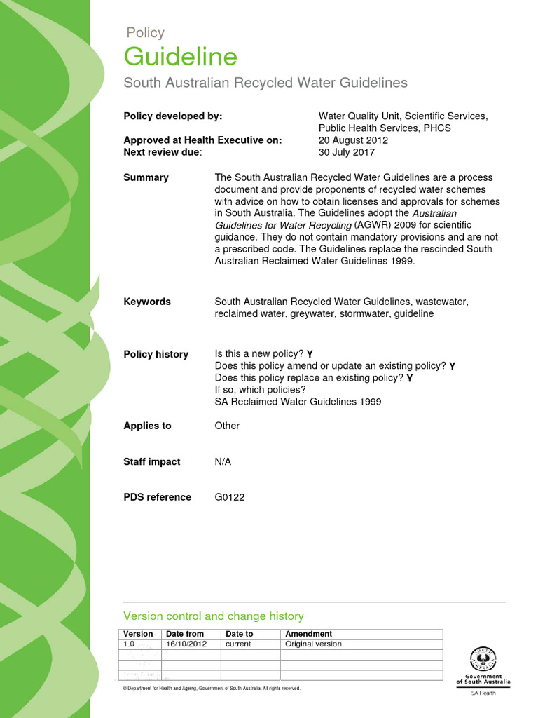 South Australian Recycled Water Guidelines | PDF | Reclaimed Water | Sewage
