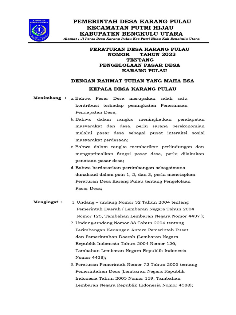 Perdes Tentang Pasar Desa | PDF