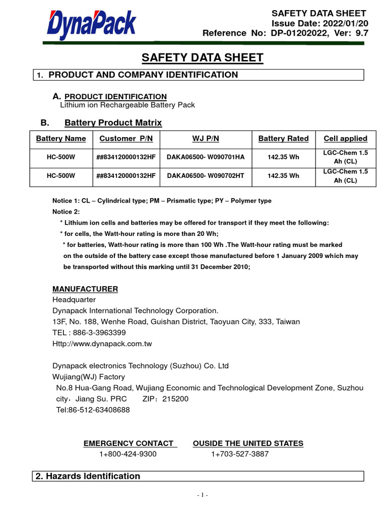 Lithium Ion Battery Pack Safety Data | PDF | Dangerous Goods ...