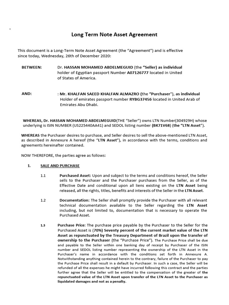 LTN Asset Agreement2020 PDF | PDF | Indemnity | Law Of Obligations