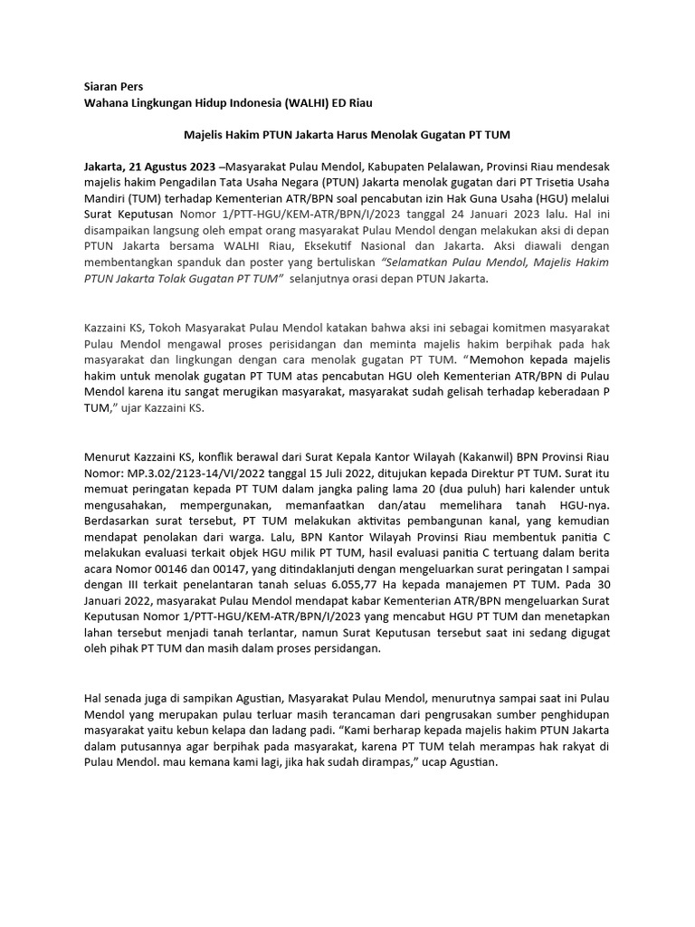 Rilis Aksi Tolak Gugatan PT TUM | PDF