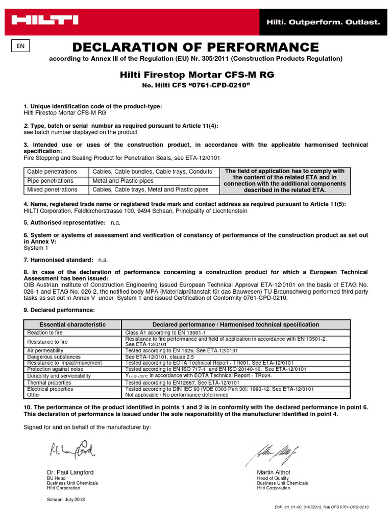 Declaration of Performance CFS 0761 CPD 0210 EN Declaration of ...