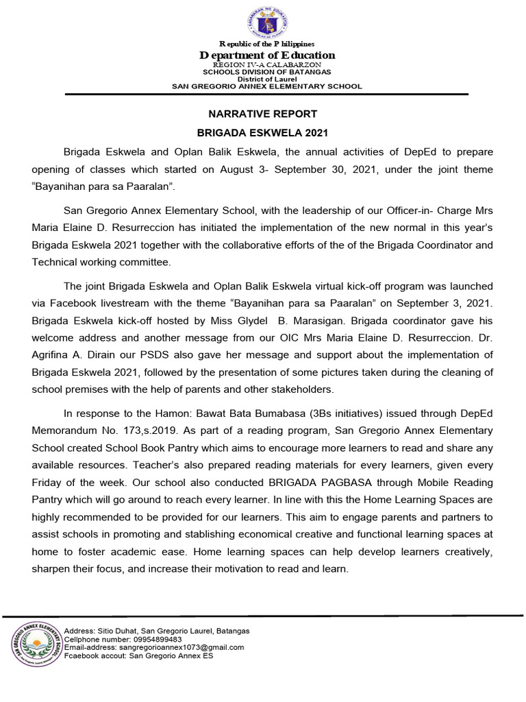 Narative Report Brigada Eskwela 2021 | PDF | Learning | Communication