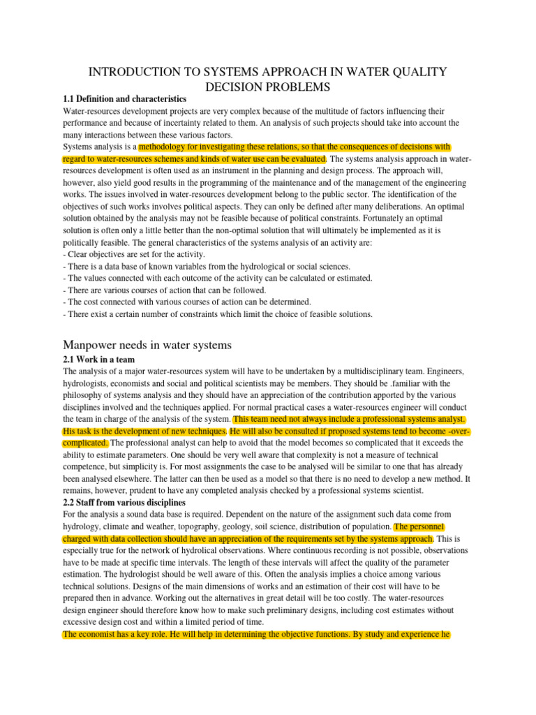 Introduction To Systems Approach in Water Quality Decision Problems ...
