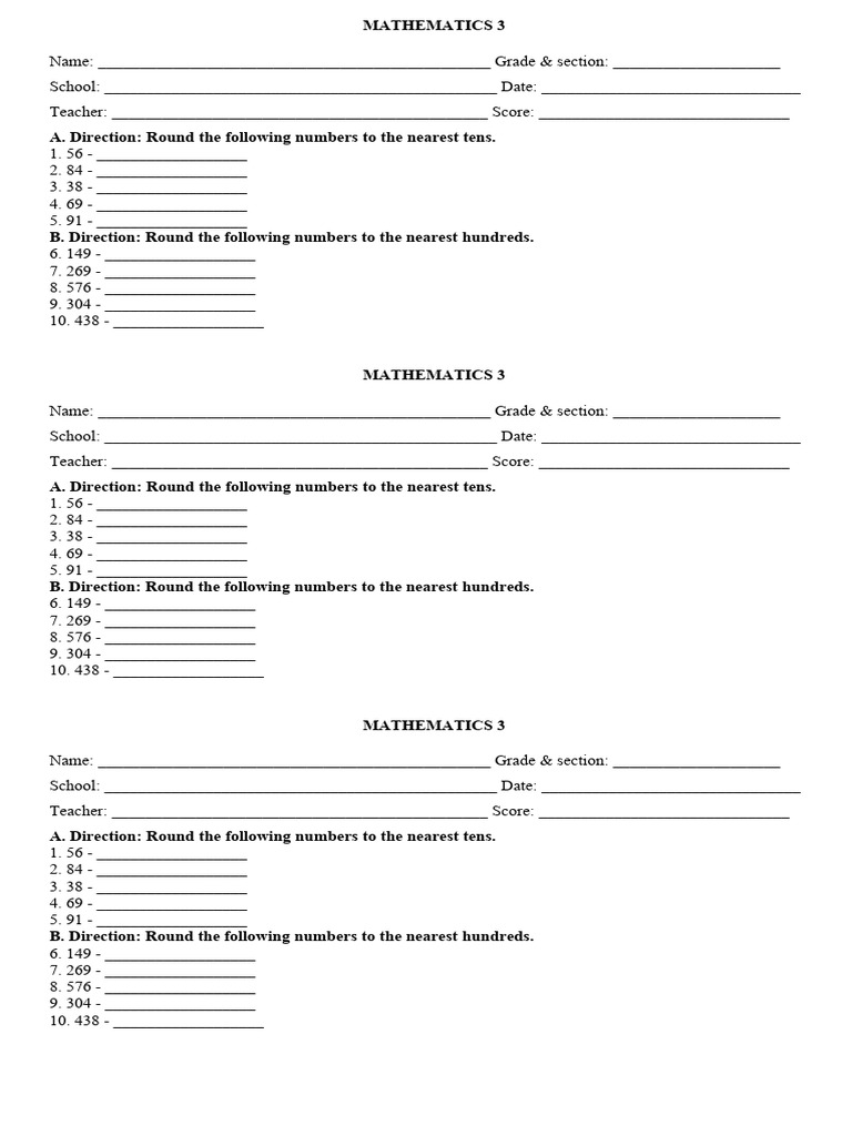 Mathematics 3 Rounding Numbers To The Nearest Tens and Hundreds | PDF