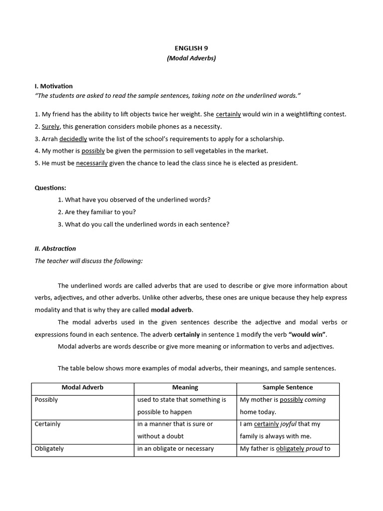 English 9 Modal Adverbs Copy Pdf Adverb Verb