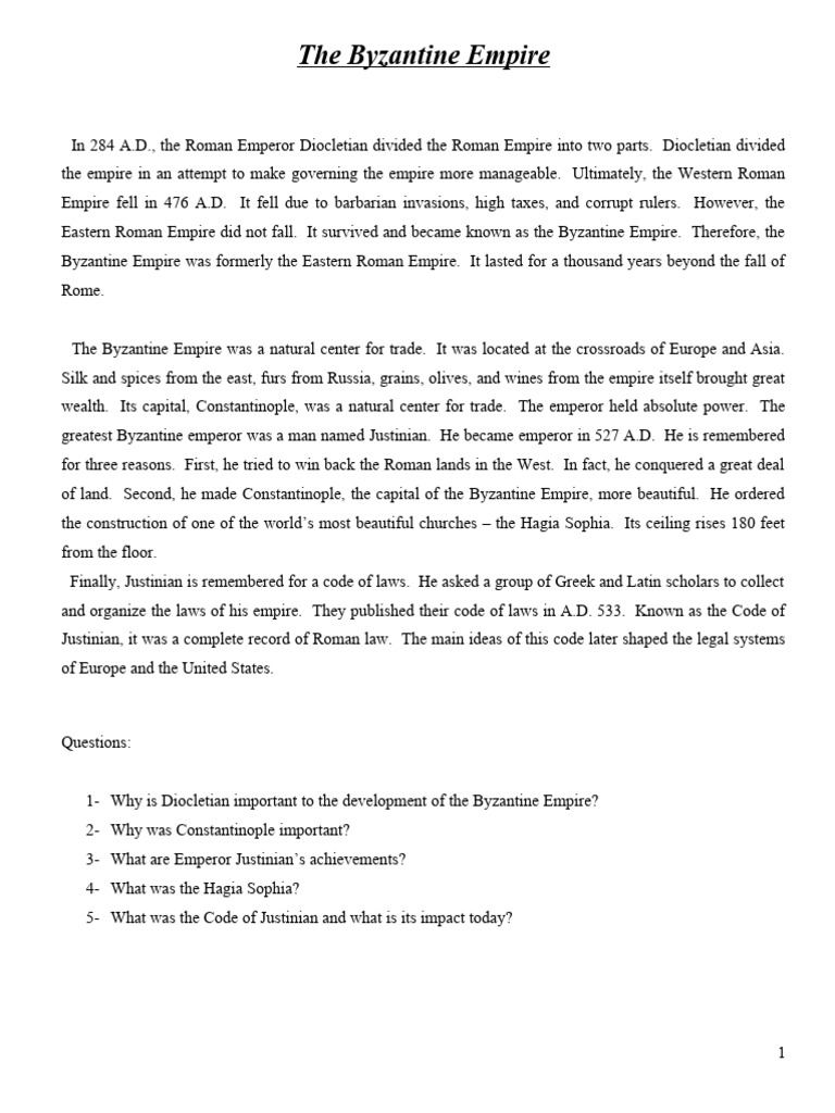 Byzantine Empire Worksheet Text | PDF | Byzantine Empire | Constantinople
