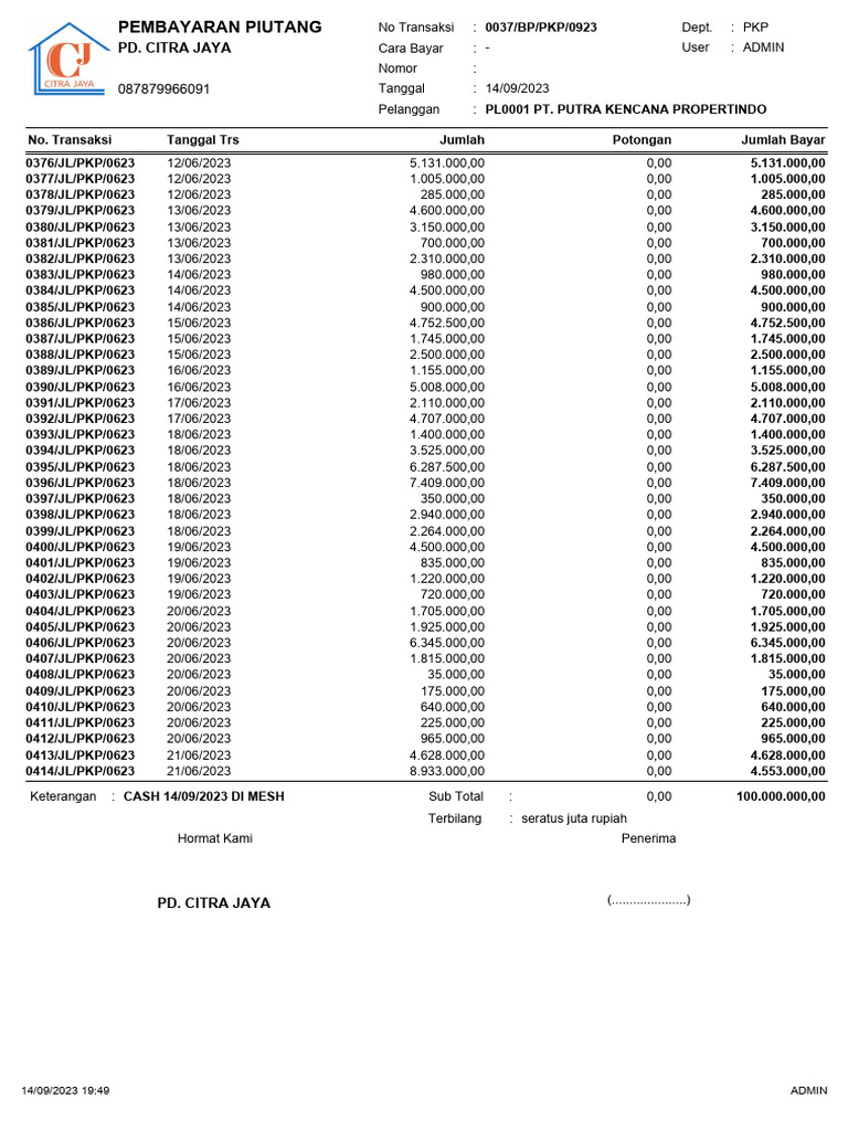Bukti Pembayaran PT PKP 14-09-2023 | PDF