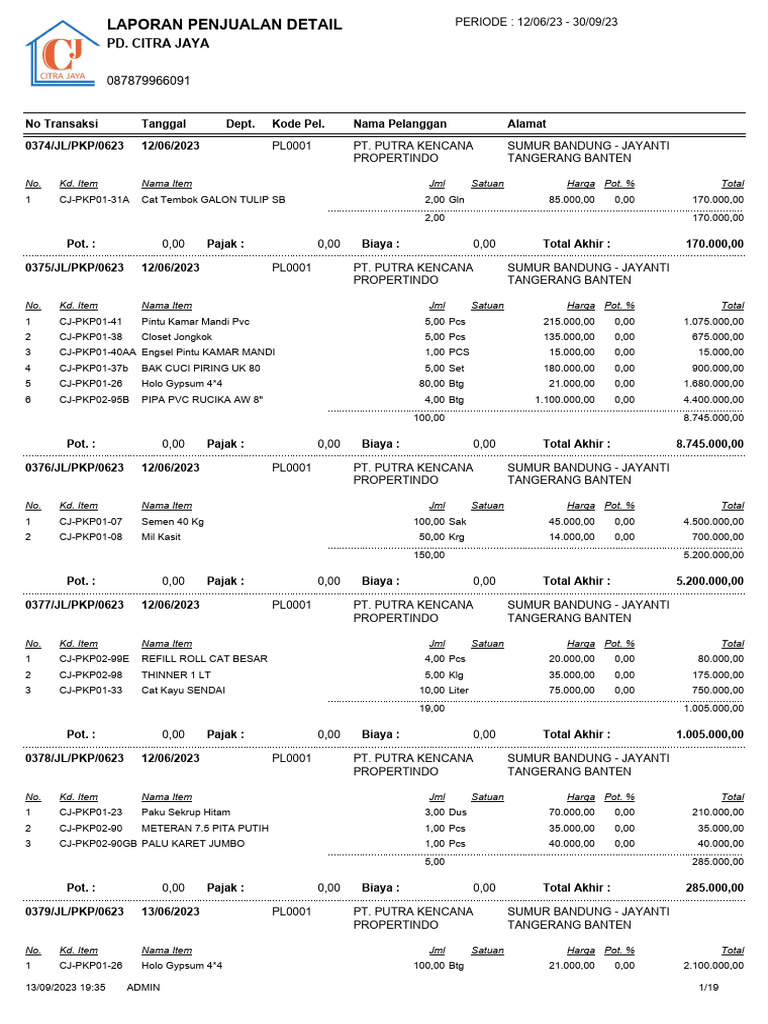 Laporan Penjualan Detail PT PKP 12-06 S.D 13-07 2023 | PDF