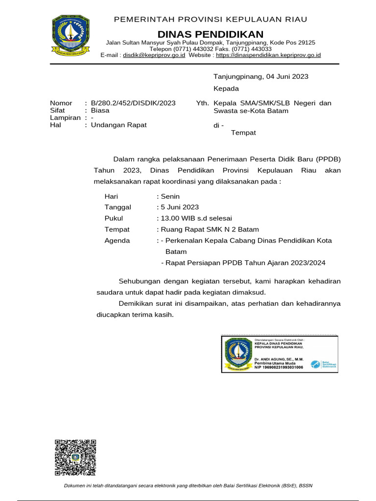 UNDANGAN RAPAT KEPSEK SMA, SMK, SLB Negeri Dan Swasta Se-Kota Batam - TTE | PDF