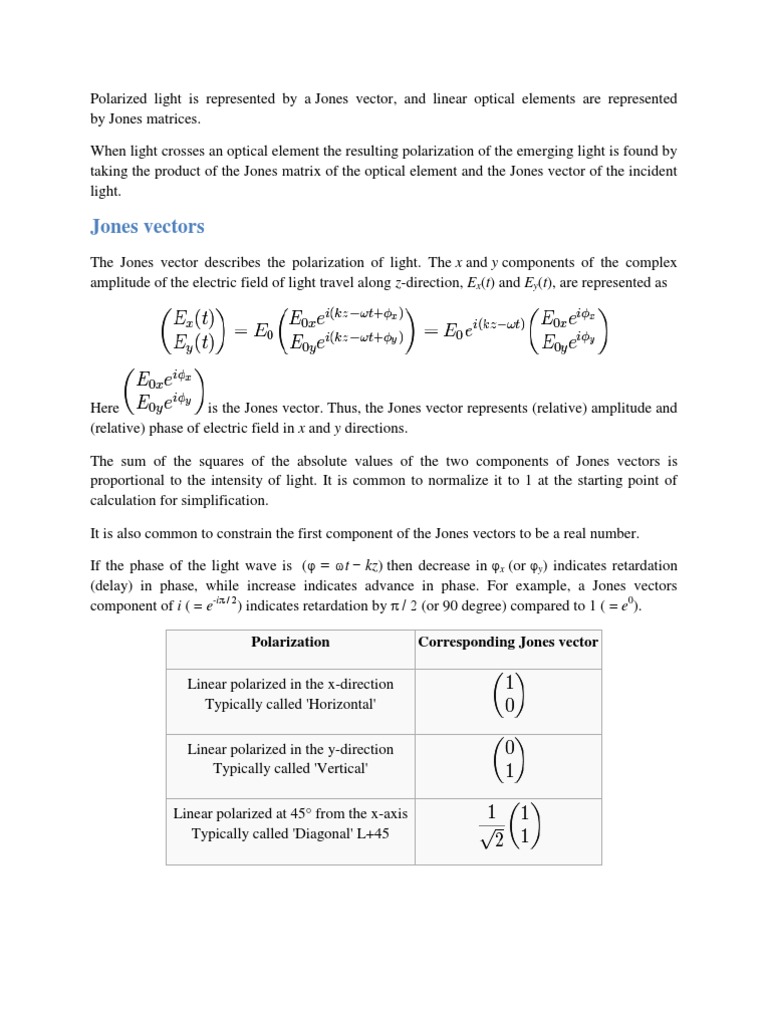 Jones Calculus | PDF | Linear Algebra | Polarization (Waves)