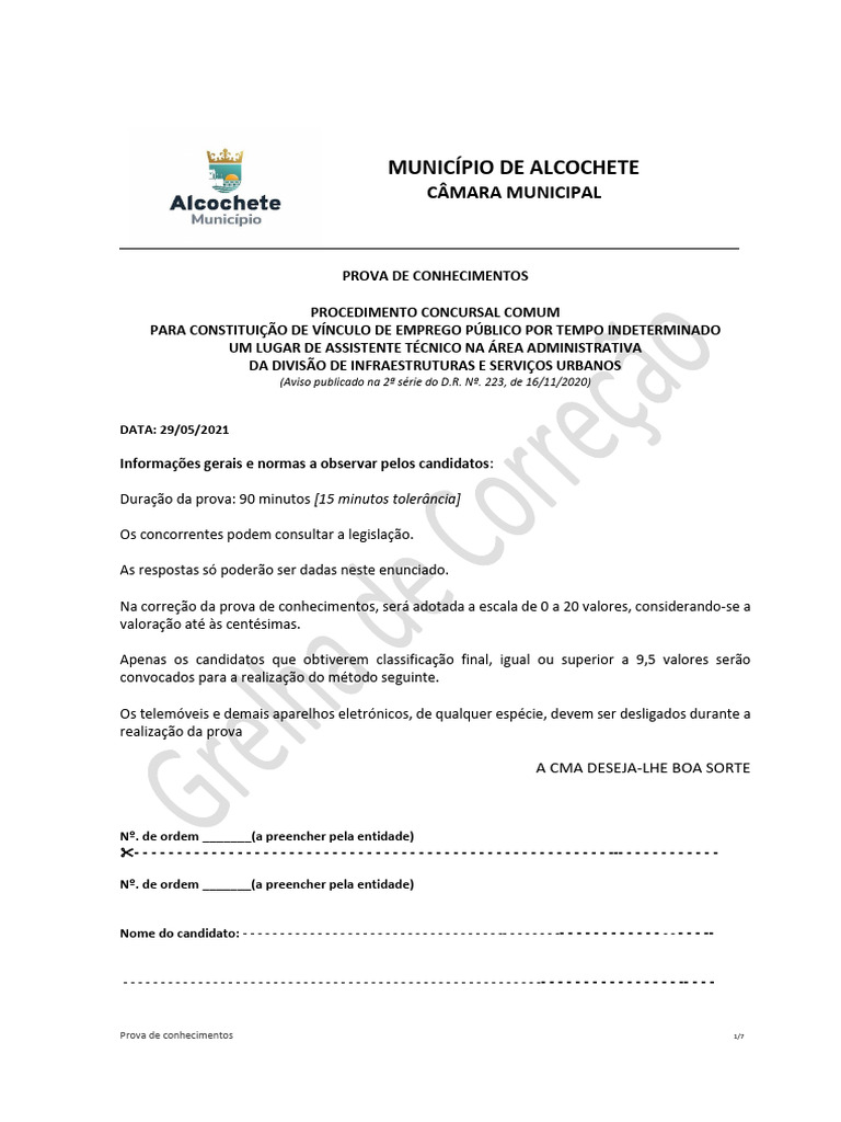 Prova Conhecimentos Área Administrativa Correção Alcochete | PDF ...